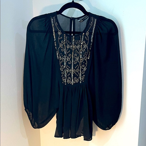 Zara | Tops | Nwt Zara Black Sheer Blouse With Beaded Mesh Bodice ...